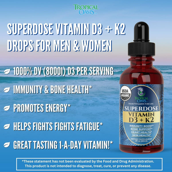 Vitamin D3 + K2 Adult Supplement - 2oz Dropper - Tropical Oasis Liquid ...